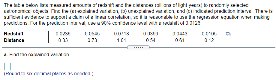 Solved The table below lists measured amounts of redshift | Chegg.com