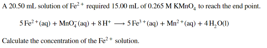 Solved A 20.50 mL solution of Fe2+ required 15.00 mL of | Chegg.com
