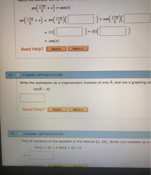 Solved cos(x) sin 17 +CO sir cos(x) Need Help? Watch It Read | Chegg.com