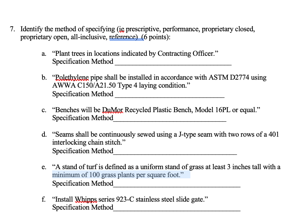 Solved Identify the method of specifying (ie prescriptive, | Chegg.com