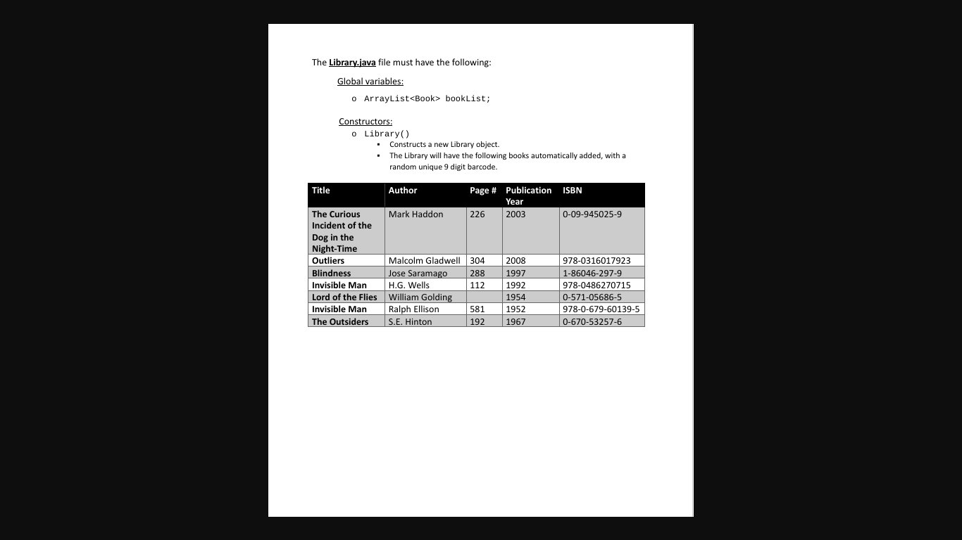 Solved LIBRARY PROGRAM You will be creating two Java files. | Chegg.com