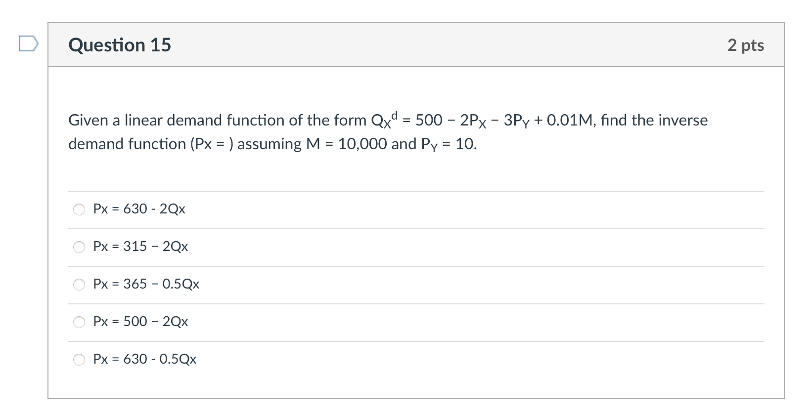 Solved Question 15 2 pts Given a linear demand function of | Chegg.com