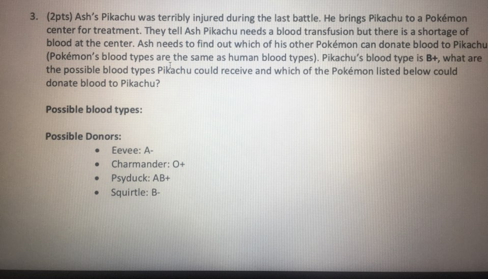 Solved (2pts) Ash's Pikachu was terribly injured during the | Chegg.com
