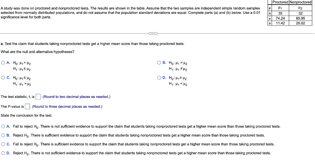 Solved A study was done on proctored and nonproctored tests. | Chegg.com