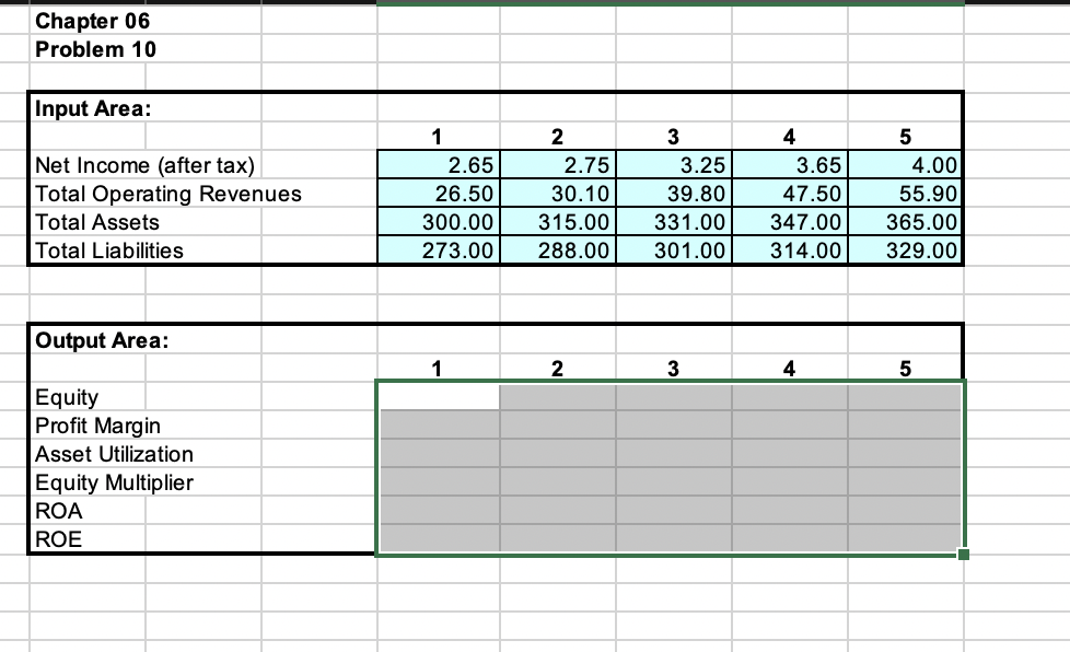 Solved Chapter 06 Problem 10 Input Area: Net Income (after | Chegg.com
