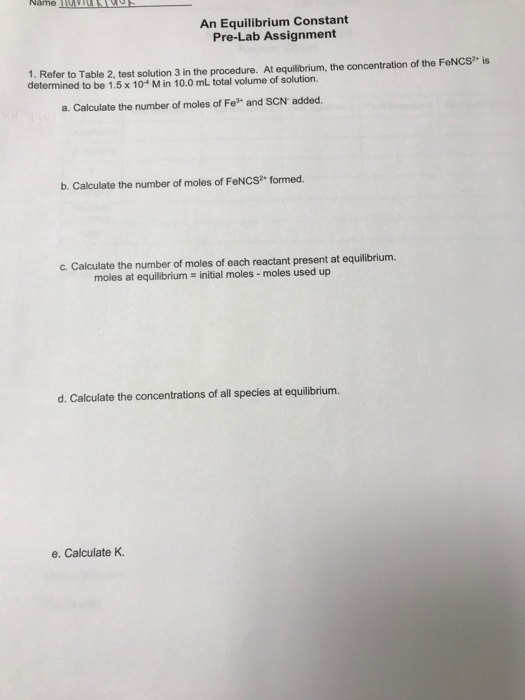 Solved An Equilibrium Constant Pre-Lab Assignment 1. Refer | Chegg.com