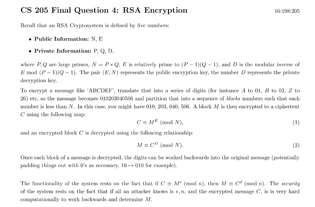 CS 205 Final Question 4: RSA Encryption 16:198:205 | Chegg.com