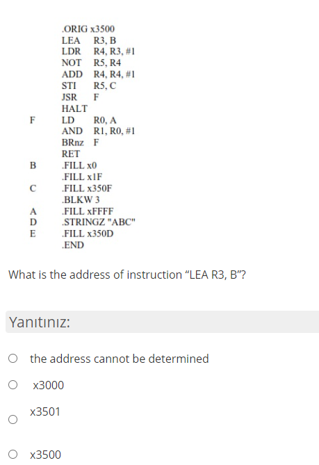 Solved F ORIG X3500 LEA R3, B LDR R4, R3, #1 NOT R5, R4 ADD | Chegg.com