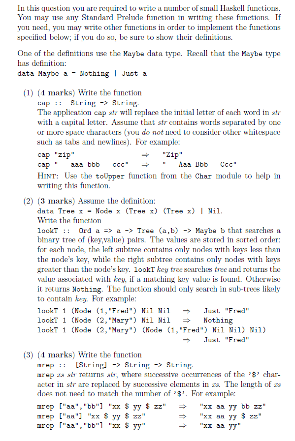required to write a number of small Haskell functions | Chegg.com