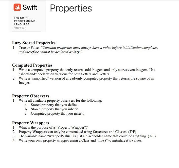 S Swift Properties THE SWIFT PROGRAMMING LANGUAGE | Chegg.com