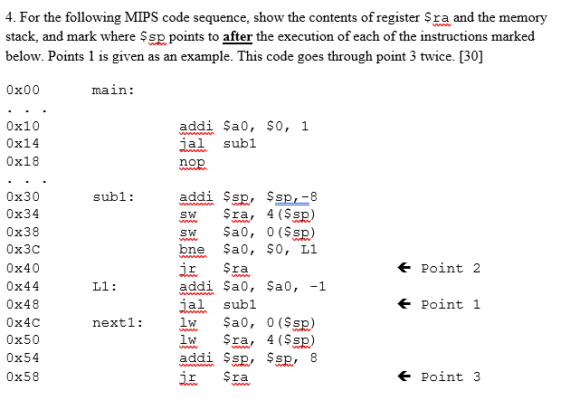 Solved 4. For the following MIPS code sequence, show the | Chegg.com