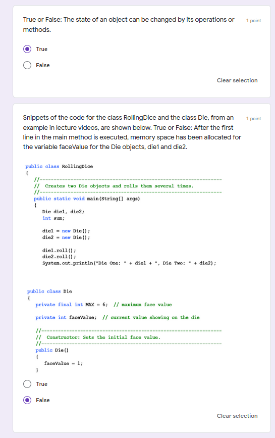 Solved 1 point True or False: The state of an object can be | Chegg.com