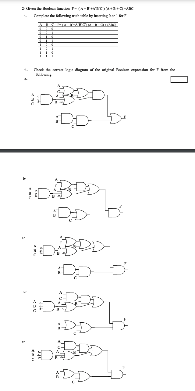 Solved 2- Given the Boolean function F- (A+B+A'B'C') (A+B+C) | Chegg.com