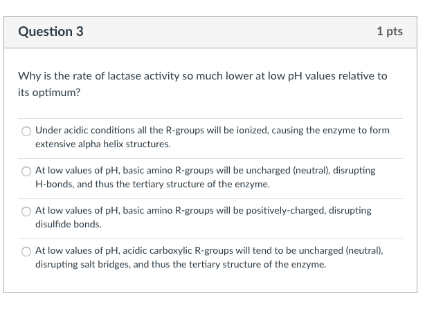 Solved Question 3 1 pts Why is the rate of lactase activity | Chegg.com