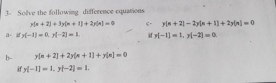 Solved 3- Solve the following difference equations y[n + 2) | Chegg.com