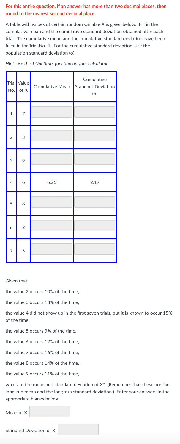 Solved A table with values of certain random variable x ﻿is | Chegg.com