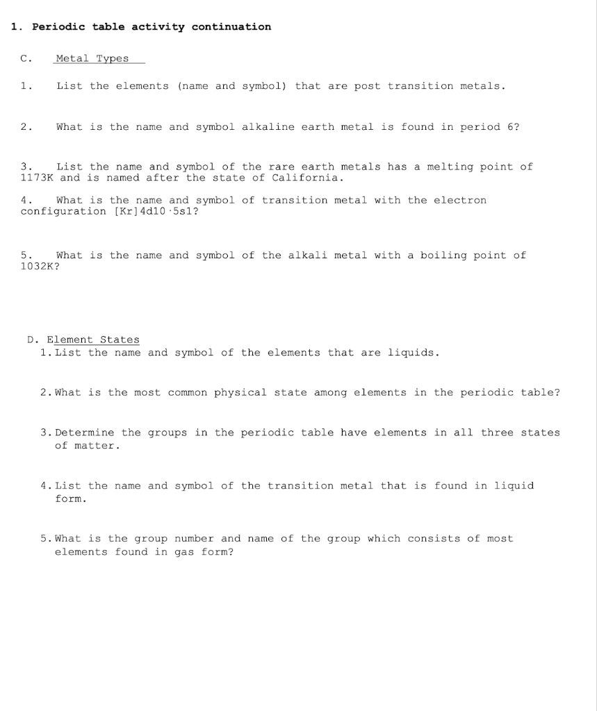 Solved 1. Periodic table activity continuation C. 1. 2. | Chegg.com