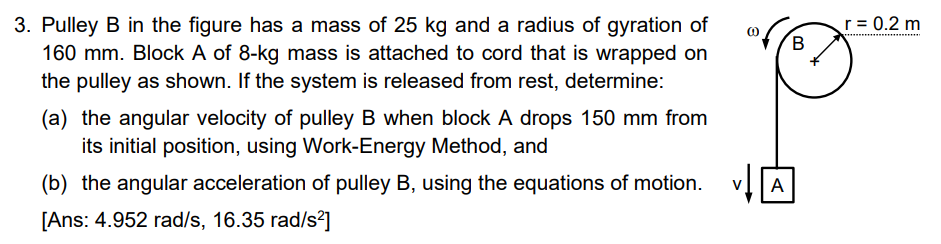 Solved 3. Pulley B in the figure has a mass of 25 kg and a | Chegg.com