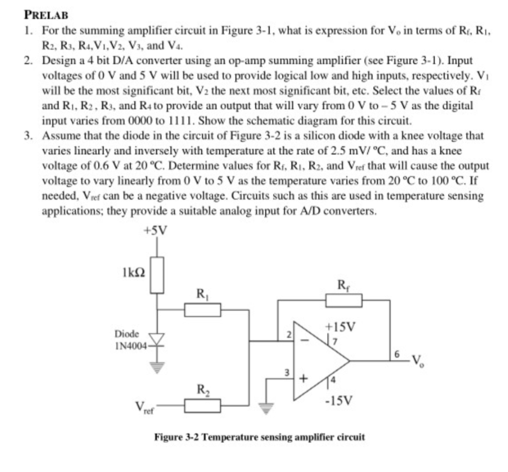 Solved PRELAB 1. For the summing amplifier circuit in Figure | Chegg.com
