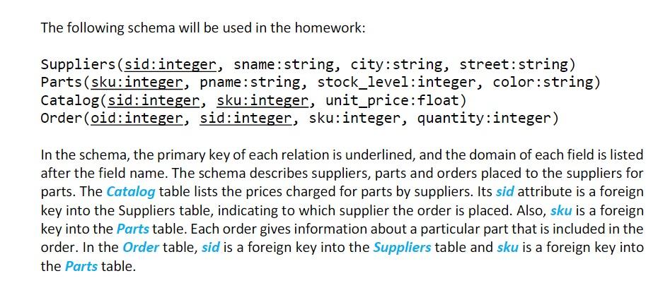 Solved The following schema will be used in the homework: | Chegg.com