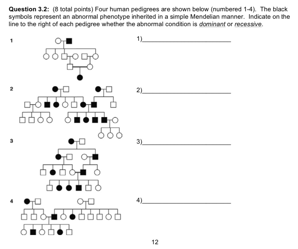 Solved Question 3.2: (8 total points) Four human pedigrees | Chegg.com