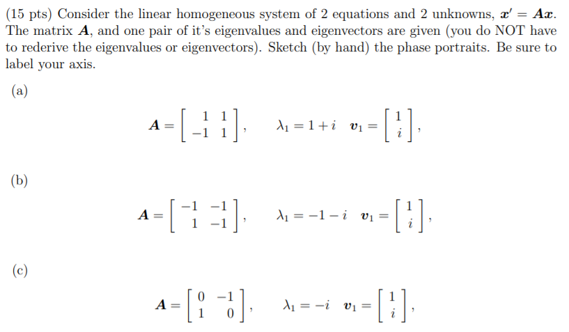 Solved (15 pts) Consider the linear homogeneous system of 2 | Chegg.com