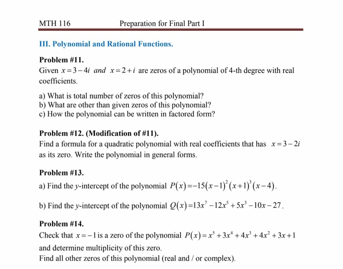 Solved MTH 116 Preparation for Final Part I III. Polynomial | Chegg.com