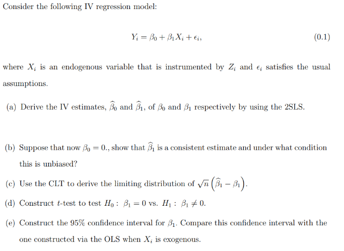 Consider the following IV regression model: Y; = Bo + | Chegg.com