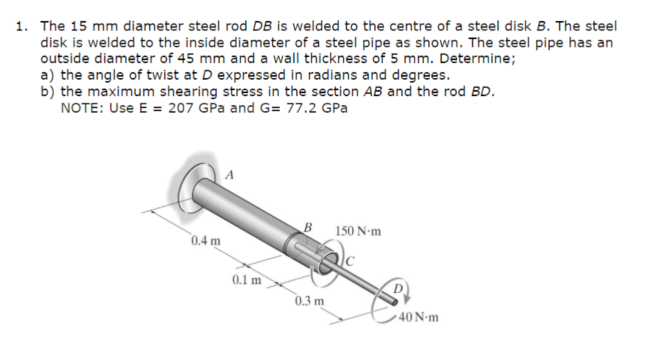 Solved 1. The 15 mm diameter steel rod DB is welded to the | Chegg.com