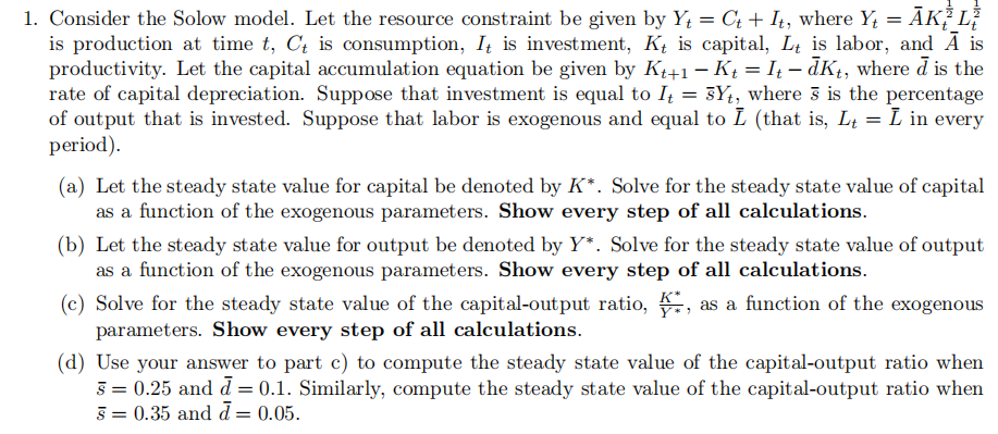 Solved 1. Consider the Solow model. Let the resource | Chegg.com