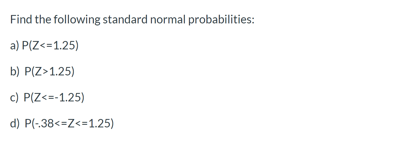 Solved Find the following standard normal probabilities: a) | Chegg.com