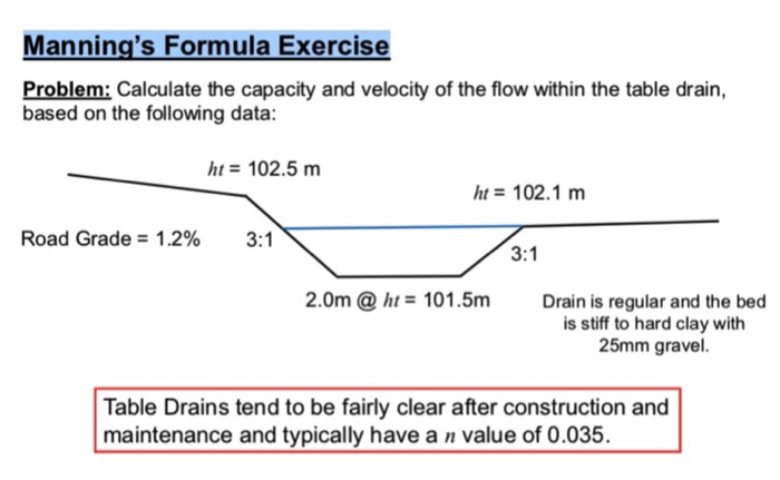 Solved Manning's Formula Exercise Problem: Calculate the | Chegg.com