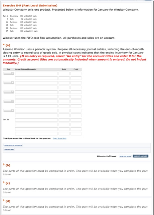 Solved Exercise 8-9 (Part Level Submission) Windsor Company | Chegg.com
