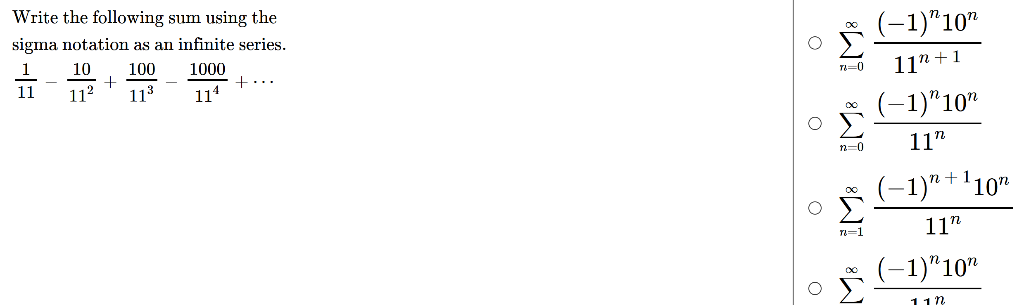 Solved Write the following sum using the sigma notation as | Chegg.com