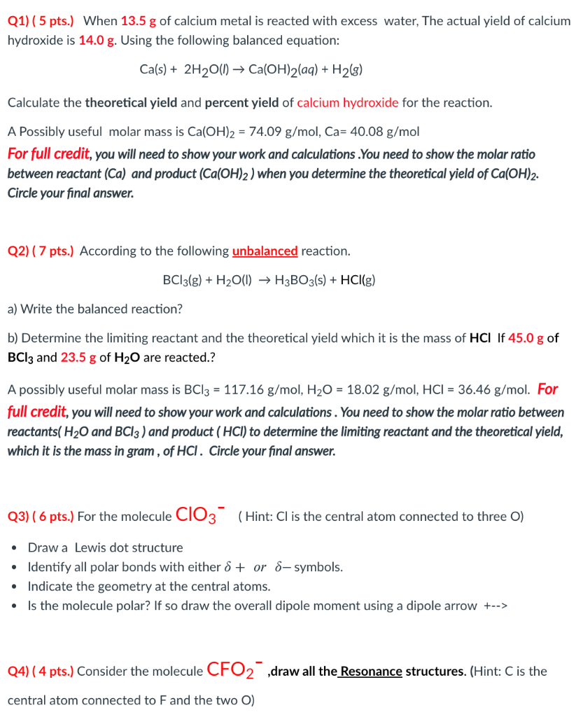 Solved Q1) (5 pts.) When 13.5 g of calcium metal is reacted | Chegg.com