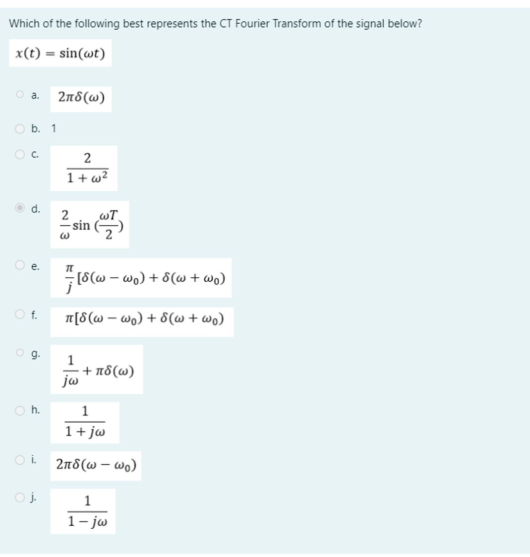 Solved Which of the following best represents the CT Fourier | Chegg.com