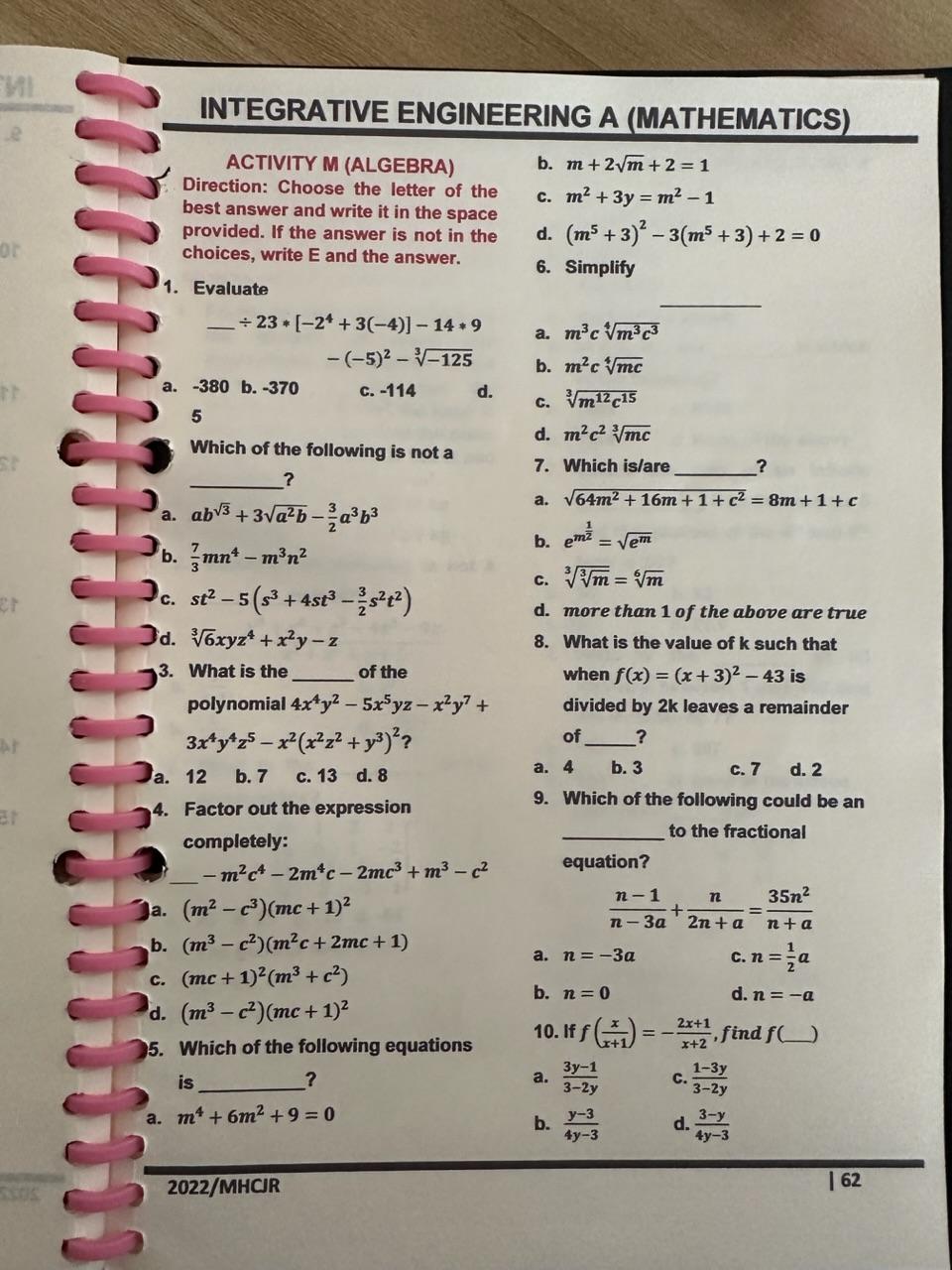 INTEGRATIVE ENGINEERING A (MATHEMATICS) ACTIVITY M | Chegg.com