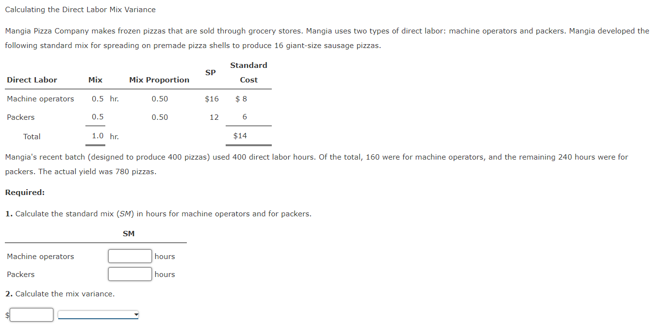 Solved Calculating the Direct Labor Mix Variance Mangia | Chegg.com