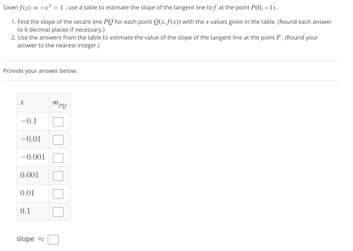 Solved Given f(x) = – x3 – 1, use a table to estimate the | Chegg.com