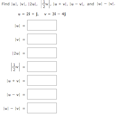 Solved Find ∣u∣,∣v∣,∣2u∣,21v∣,∣u+v∣,∣u−v∣ ， and ∣u∣−∣v∣ | Chegg.com