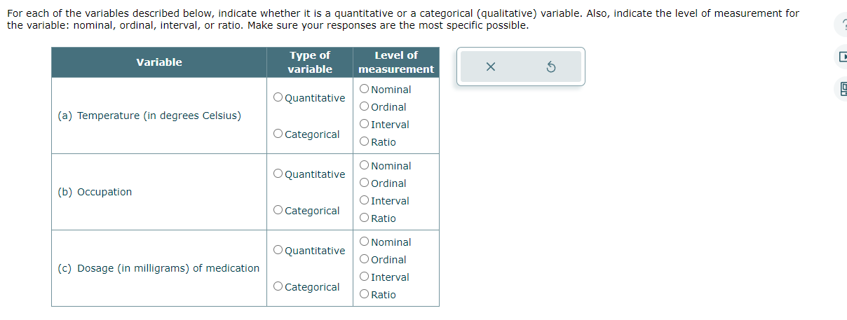 Solved or each of the variables described below, indicate | Chegg.com