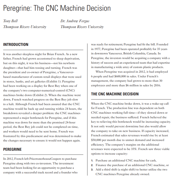 Solved Peregrine: The CNC Machine Decision Tony Bell | Chegg.com