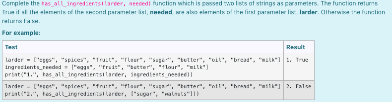 Solved Complete the has_all_ingredients(larder, needed) | Chegg.com