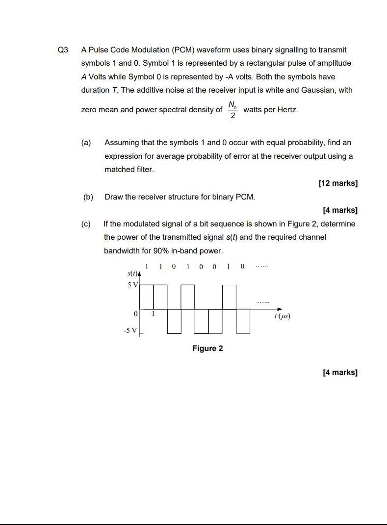 Q3 A Pulse Code Modulation (PCM) waveform uses binary | Chegg.com