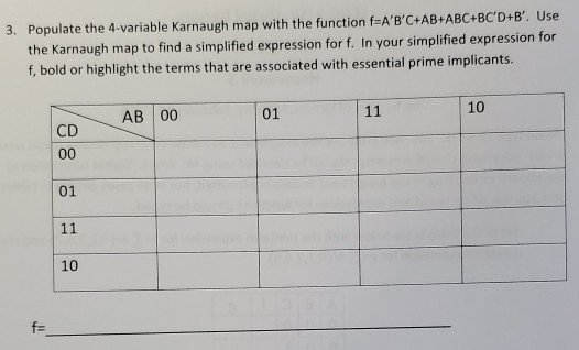 Solved 3. Populate the 4 variable Karnaugh map with the | Chegg.com