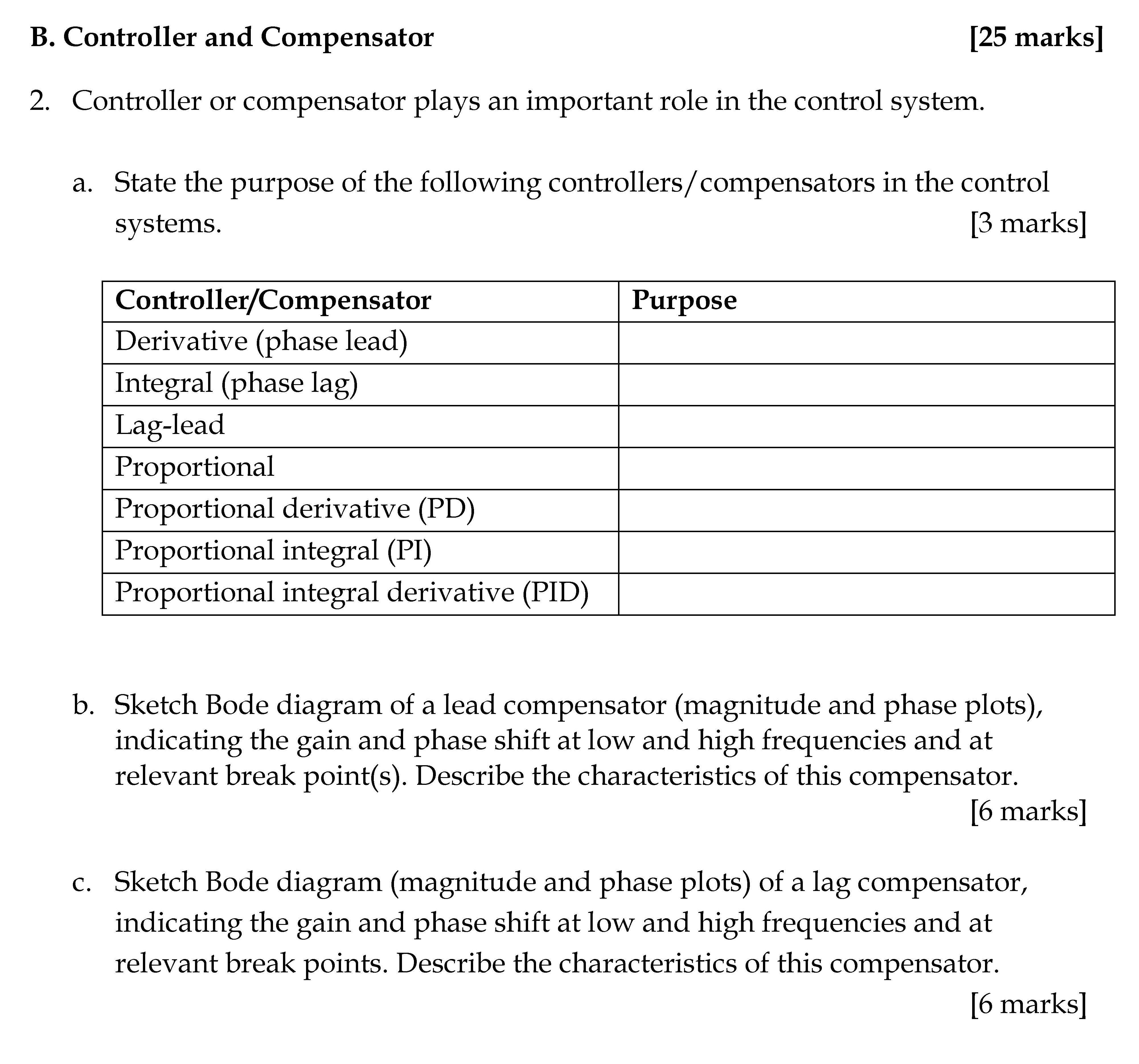 Solved B. Controller and Compensator [25 marks] 2. | Chegg.com