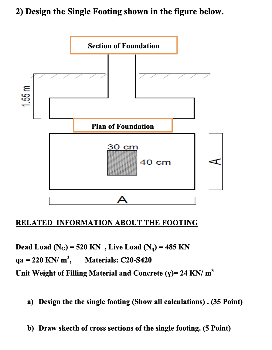Solved 2) Design the Single Footing shown in the figure | Chegg.com