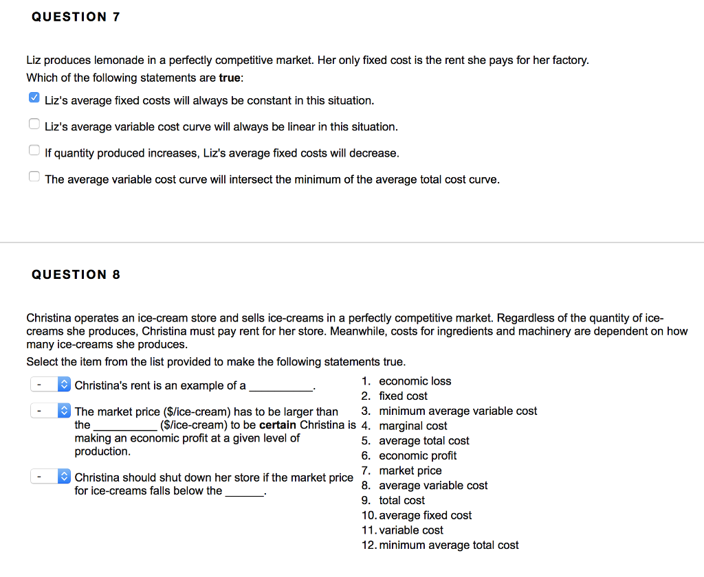 Solved QUESTION 7 Liz produces lemonade in a perfectly | Chegg.com