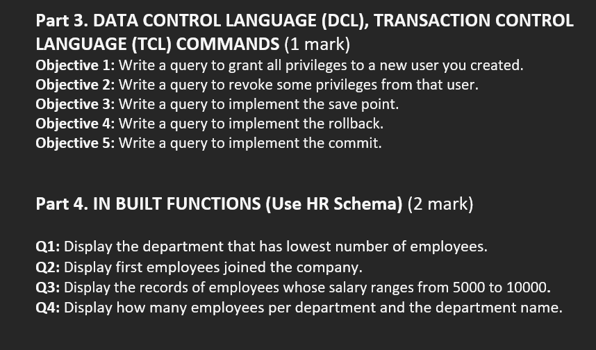 Solved Part 3 Data Control Language Dcl Transaction