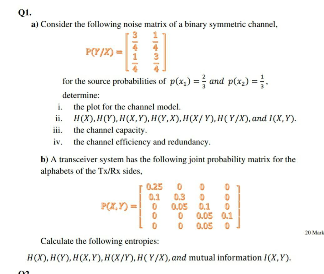 Solved Q1. a) Consider the following noise matrix of a | Chegg.com